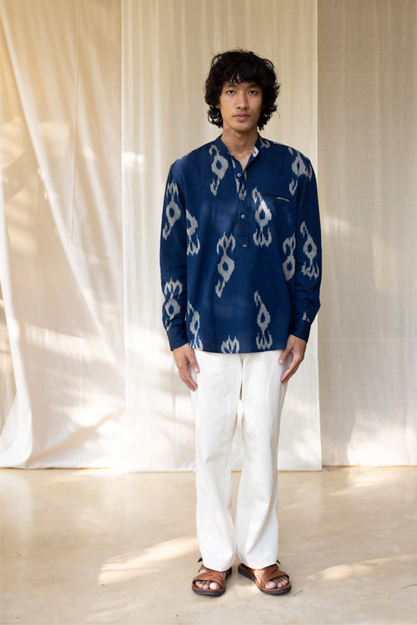"Buy Ikat India, MANGO BAND COLLAR SHIRT- Blue | Handcrafted by Translate"